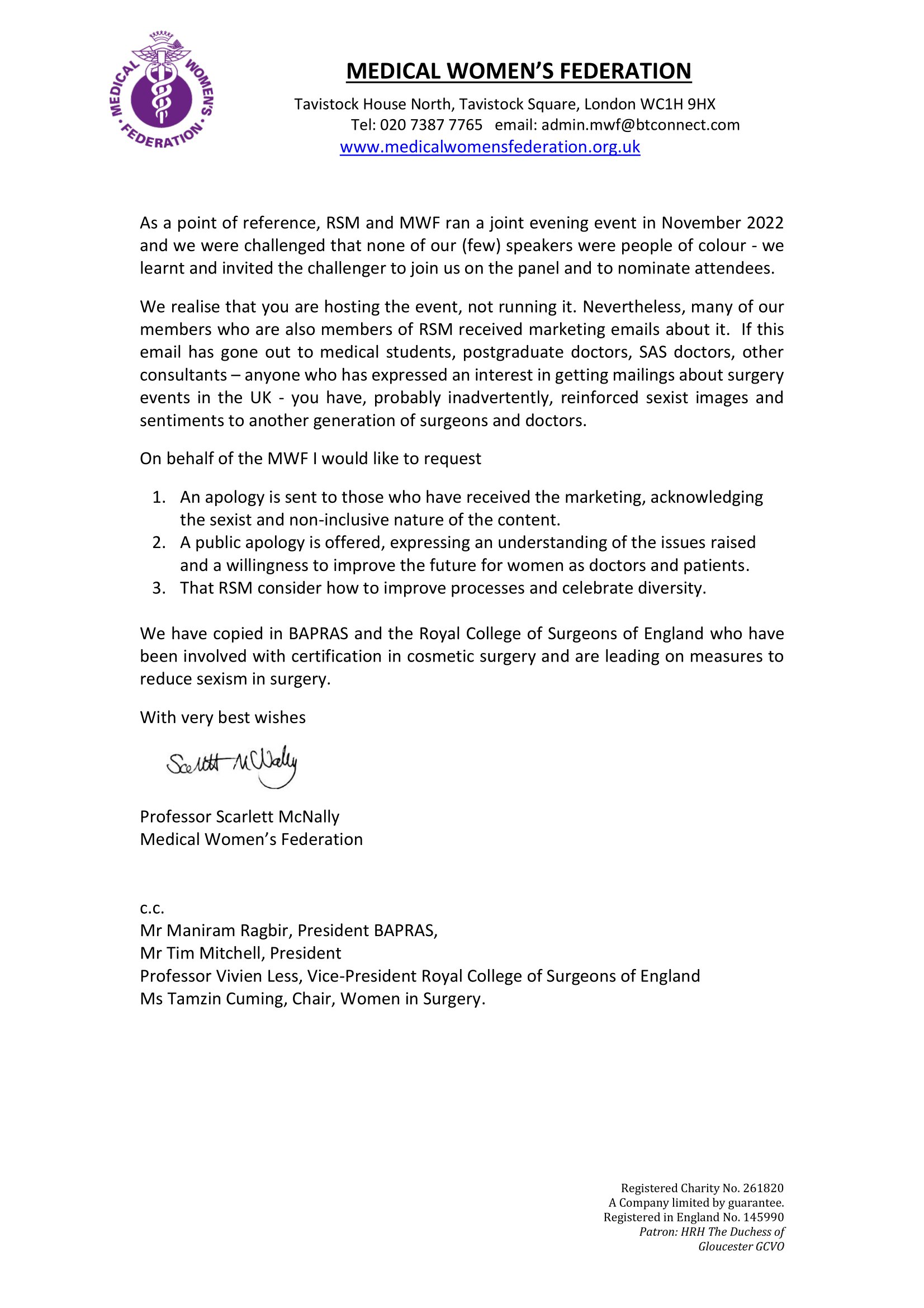 MWF Letter to RSM RE Cosmetic Surgery Course - Medical Womens Federation